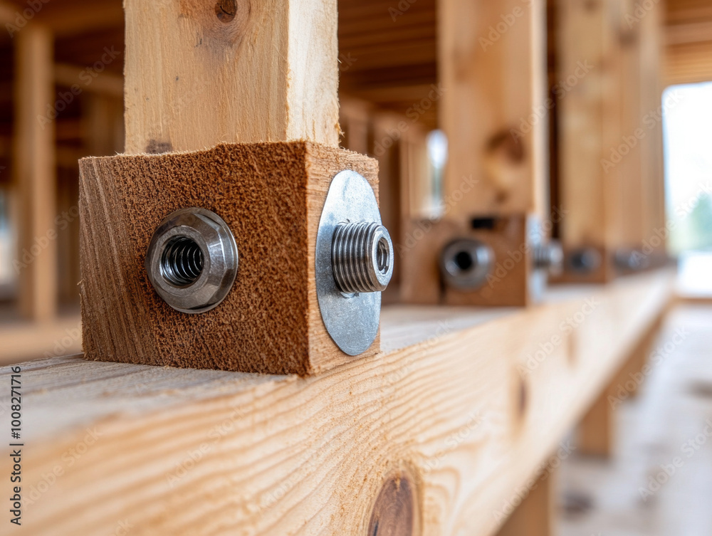 A close-up of bolts and fasteners securing laminated timber beams in ...