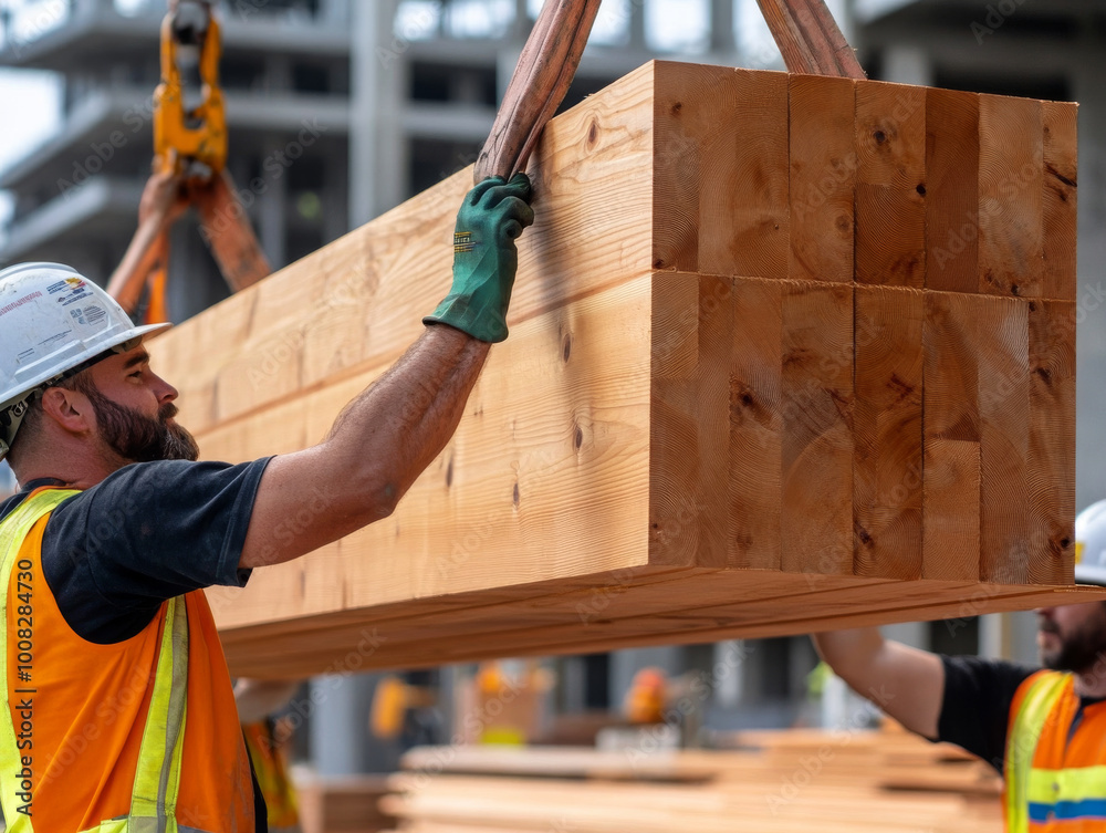 A construction crew positioning a large CLT panel into place ...