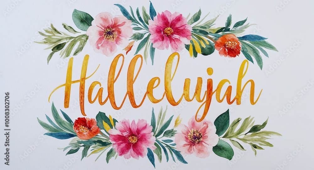 hallelujah word lettering with watercolor painting flowers on plain ...