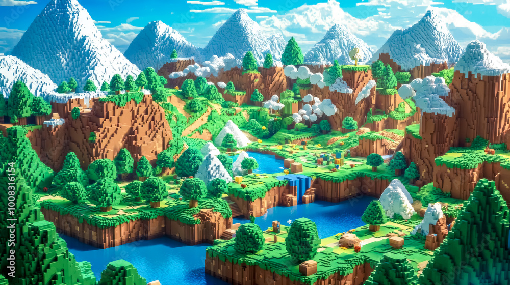 Pixel art style video game environment showing a lush green landscape ...