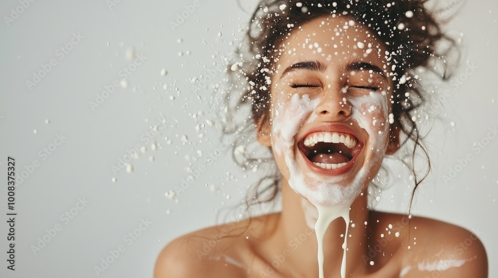Pretty woman laughing while getting splashed in the face with milk ...