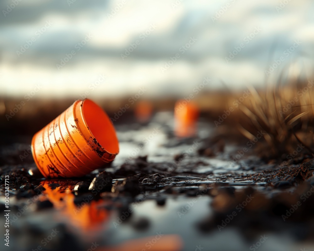 Orange plastic cups discarded in muddy water, highlighting pollution ...