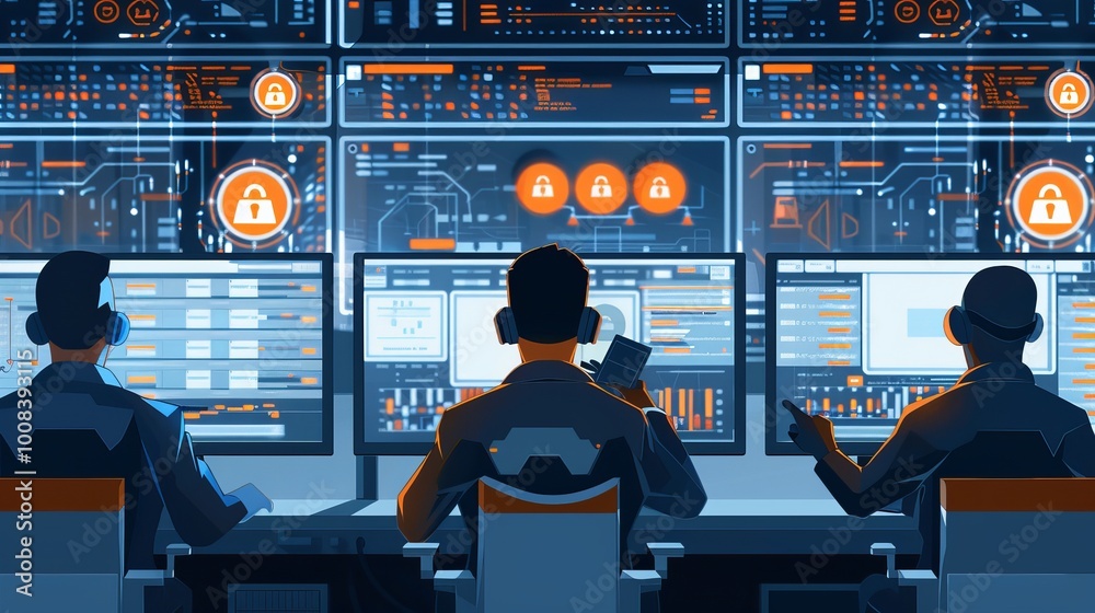 Ilustración de Stock Technicians monitoring cybersecurity systems on ...