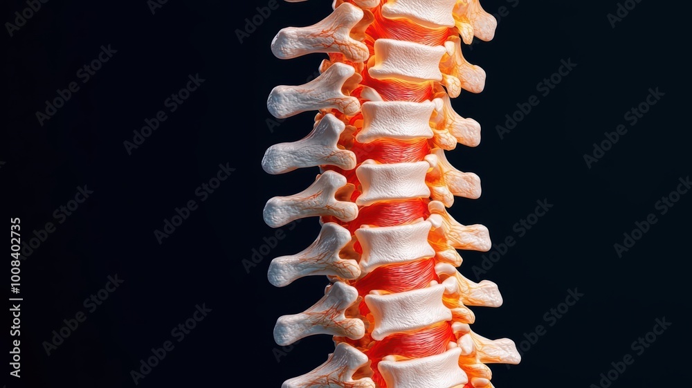 3D medical model of spine with a bulging disc, showing effects of ...