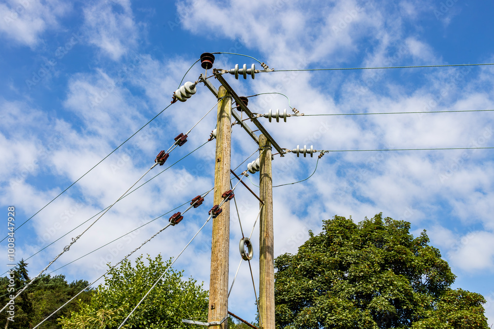Electricity power transmission lines with ceramic insulators on timber ...