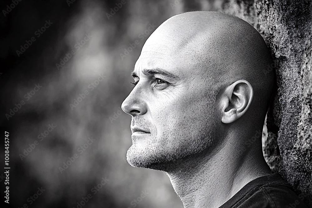 Black and white side profile portrait of a bald man with a serious ...