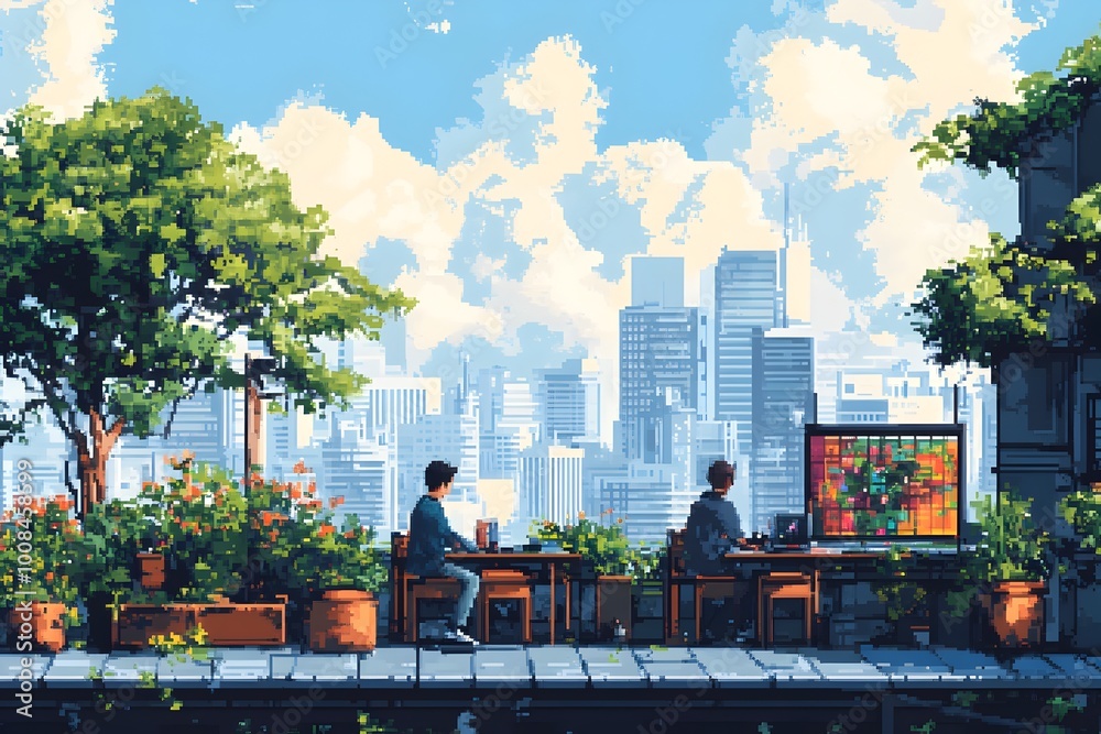Futuristic rooftop garden design in an 8 bit pixel art style urban ...
