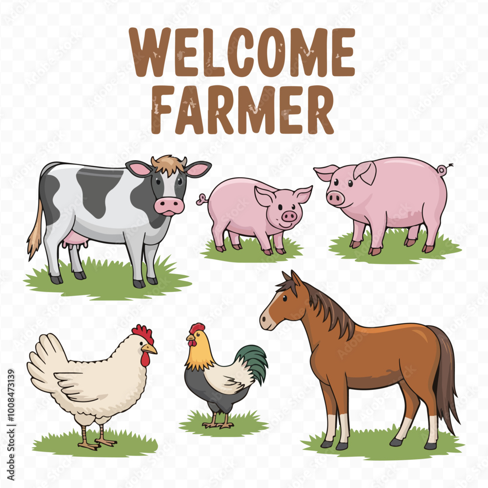 Famer Animal Clipart Bundle on transparent Background with cow chicken ...