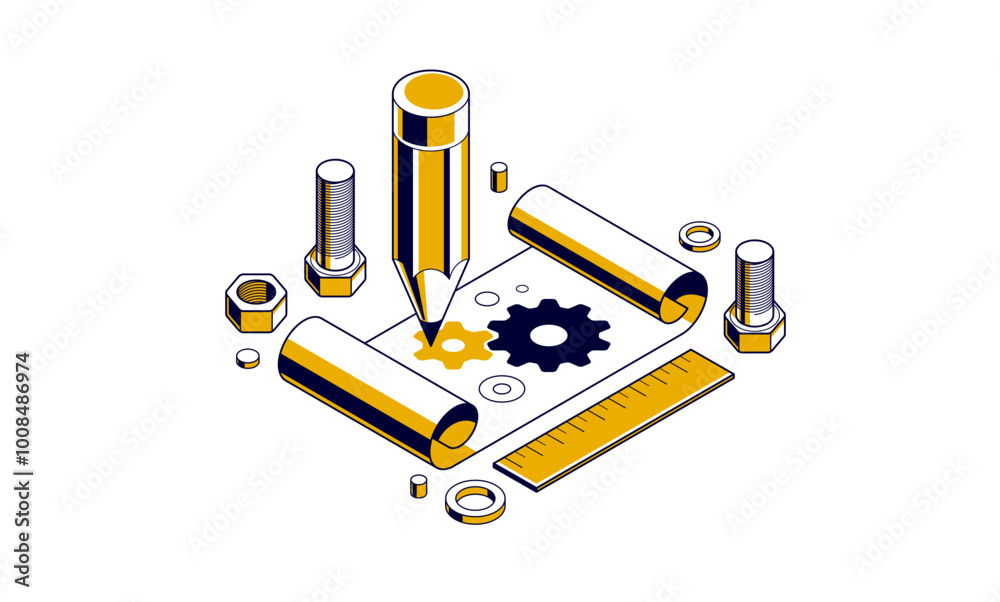 Mechanical engineering project concept, engine draft plan drawing, technical scheme blueprint ...
