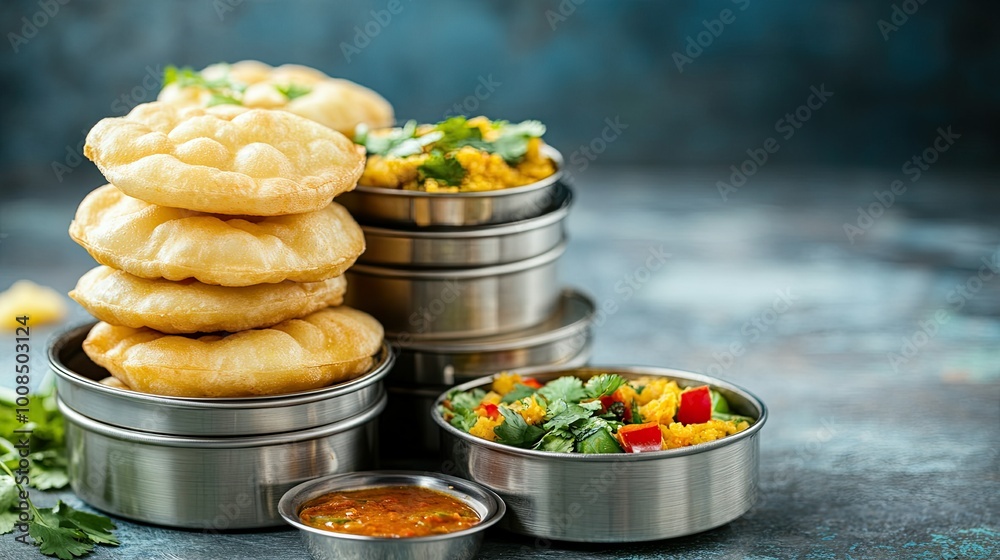 Traditional tiffin box for kids in India filled with poori and sabzi ...