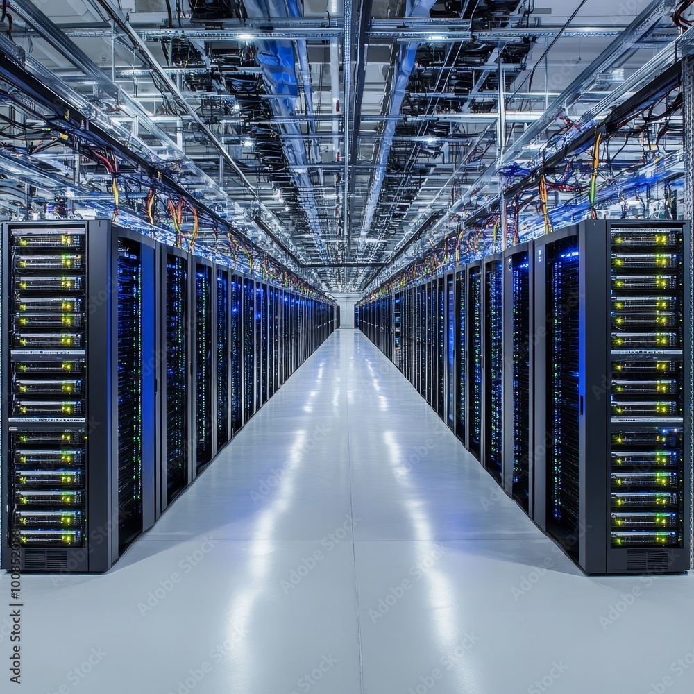 Modern Data Center Interior With Rows of Server Racks, Network Hardware, and Bright Illumination ...