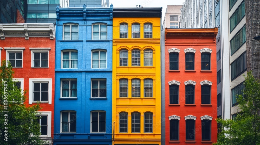 Colorful juxtaposed buildings with blue, yellow, and red facades line ...