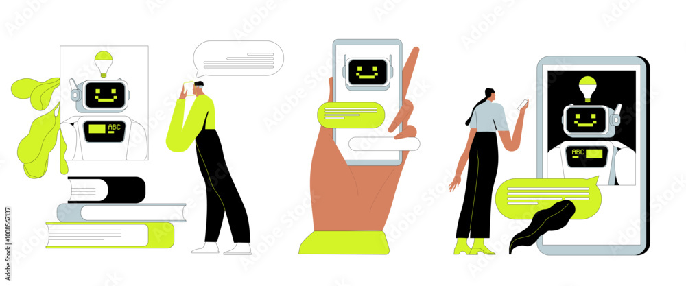 Customers having dialog with chatbot on smartphones. Characters chatting with robot, asking ...