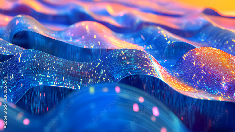 Data of crypto waves. 3D illustration of wavy lines in the information code field. Data flow ...