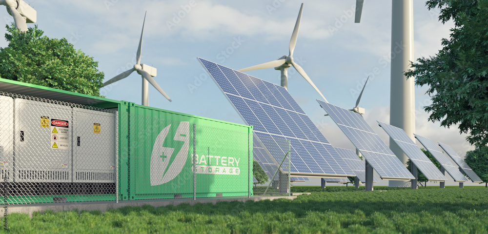 Renewable energy from wind turbines and solar panels stored in ...