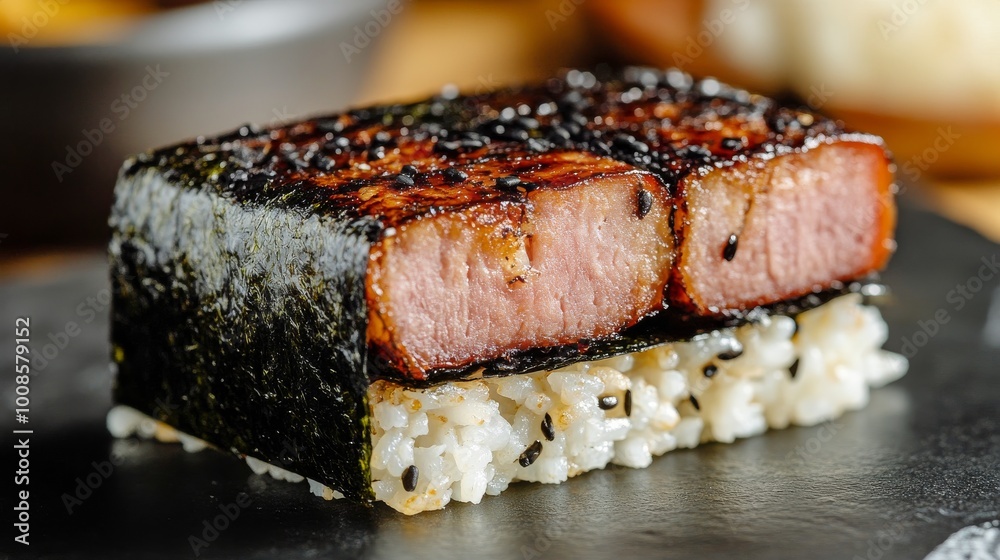 An artistic presentation of Spam musubi, with perfectly aligned layers ...