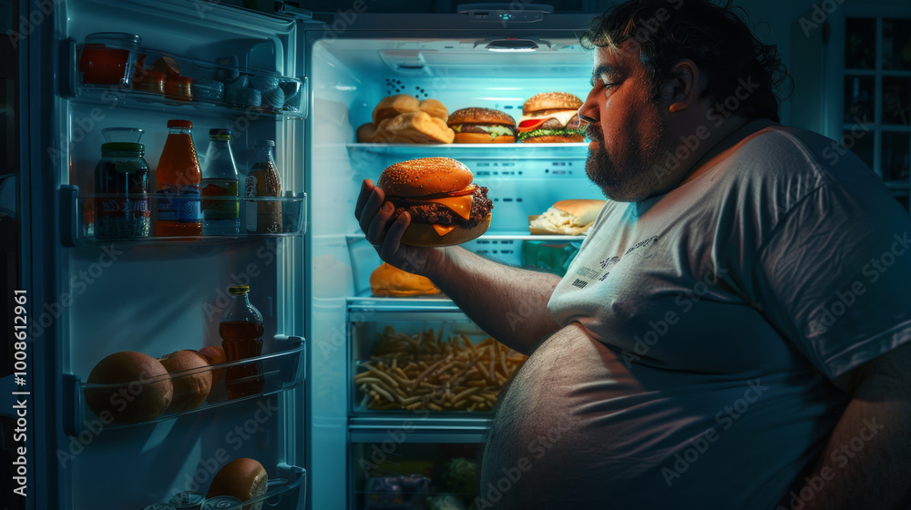 A fat Caucasian man in a T-shirt stands near an open refrigerator in ...