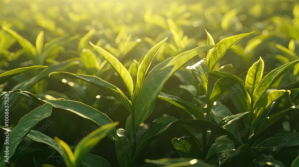 Rows of green tea plants thriving in a lush plantation, basking in the ...