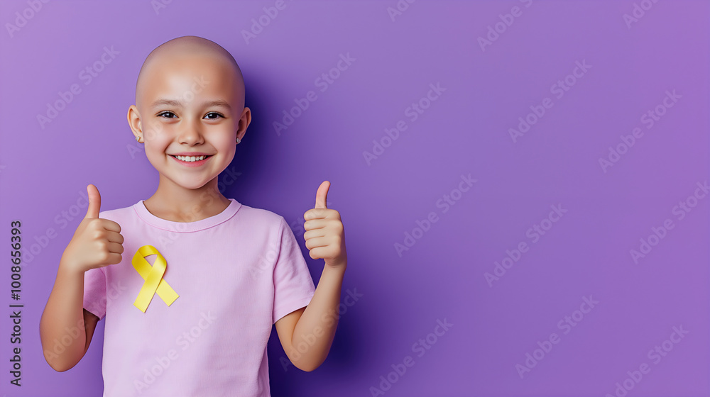 Smiling young cancer patient showing thumbs up with yellow ribbon ...