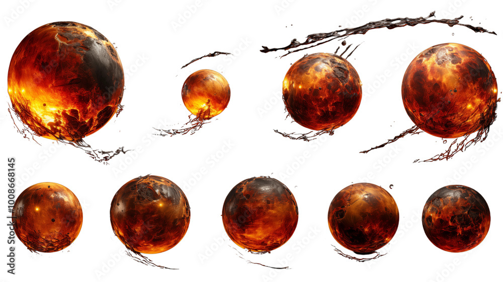 Set of scorched planets, The planets are on fire, destroyed by a ...