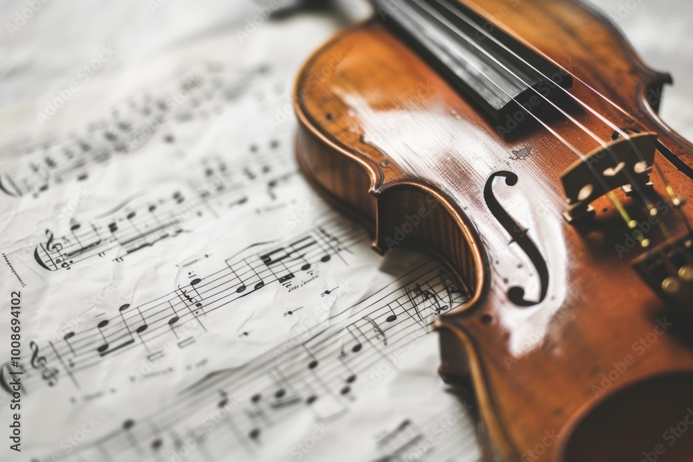 Glowing classical instruments sparkle with floating music notes in a ...