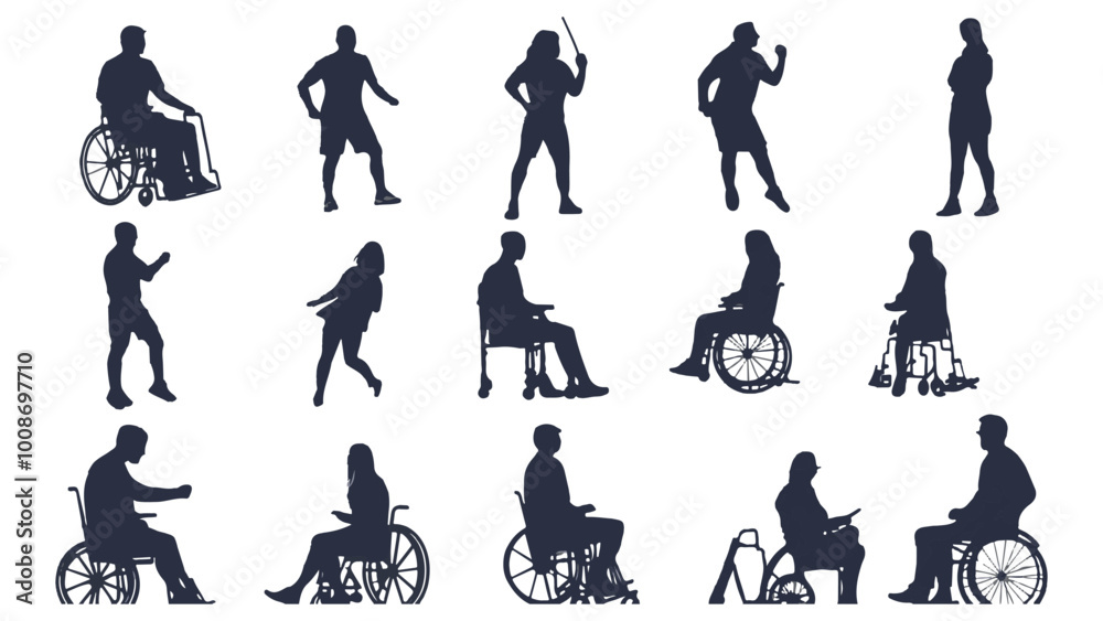 Silhouettes of different people with disability vector illustration set ...