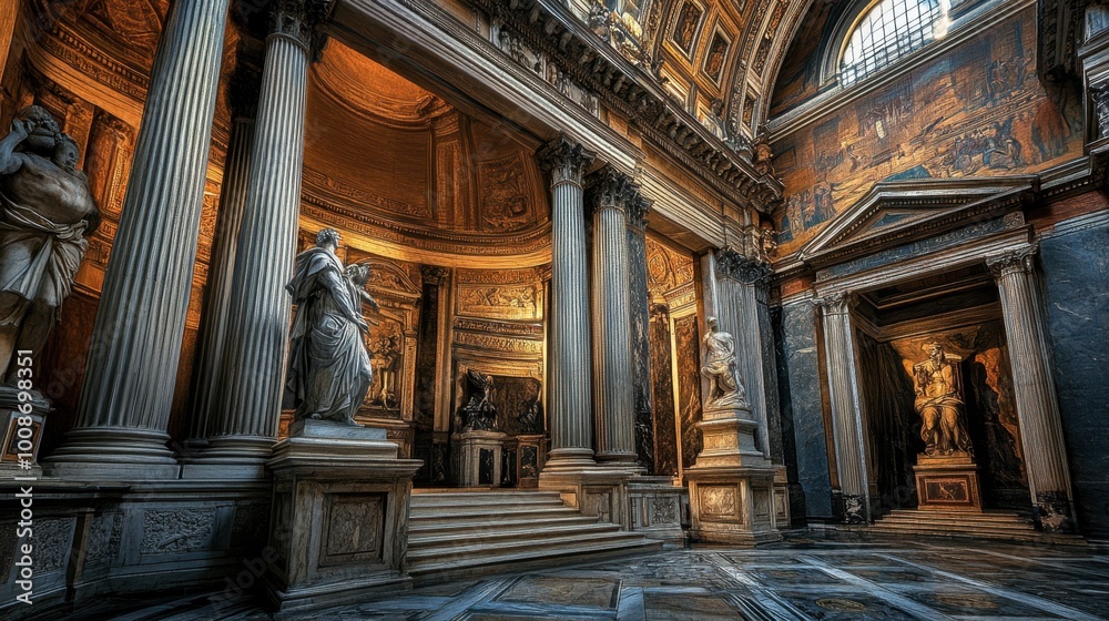 The intricate marble work inside the Pantheon, with its grand columns ...