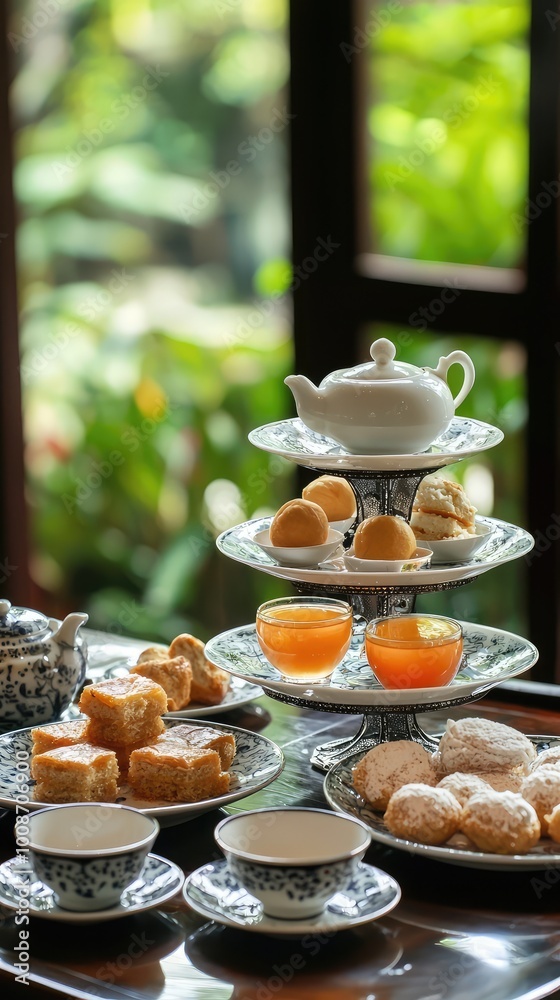 Elegant afternoon tea setup with assorted pastries, tea, and refreshing ...