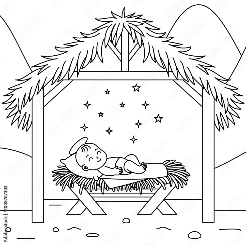 Christmas nativity scene of born child baby Jesus Christ in the manger ...