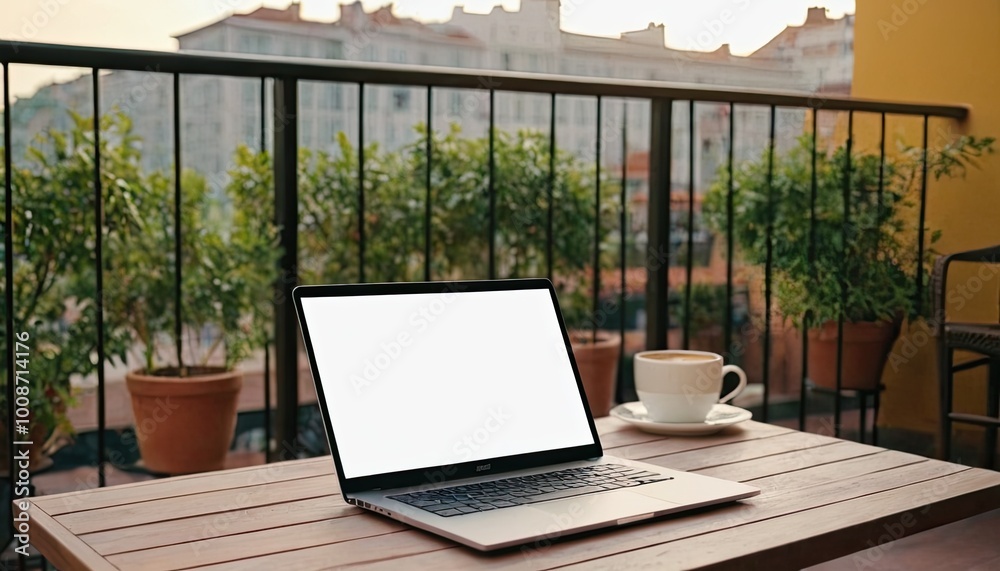 Mockup of laptop computer with empty screen with coffee cup and ...