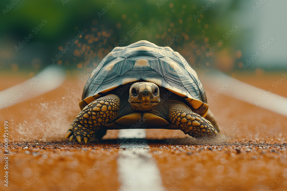 animal by ai // turtle on running track, front view, closeup, dust ...