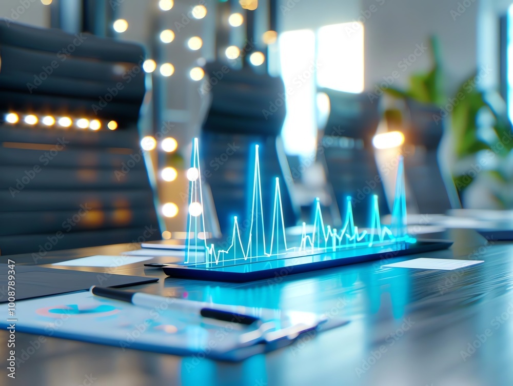 conference room, with glowing charts of customer feedback trends ...