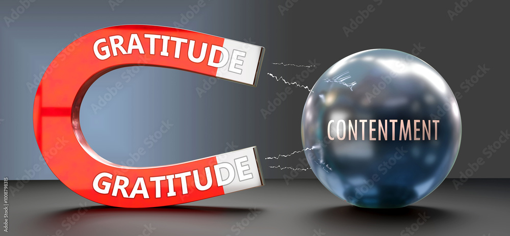 Gratitude attracts Contentment. A metaphor showing gratitude as a big ...