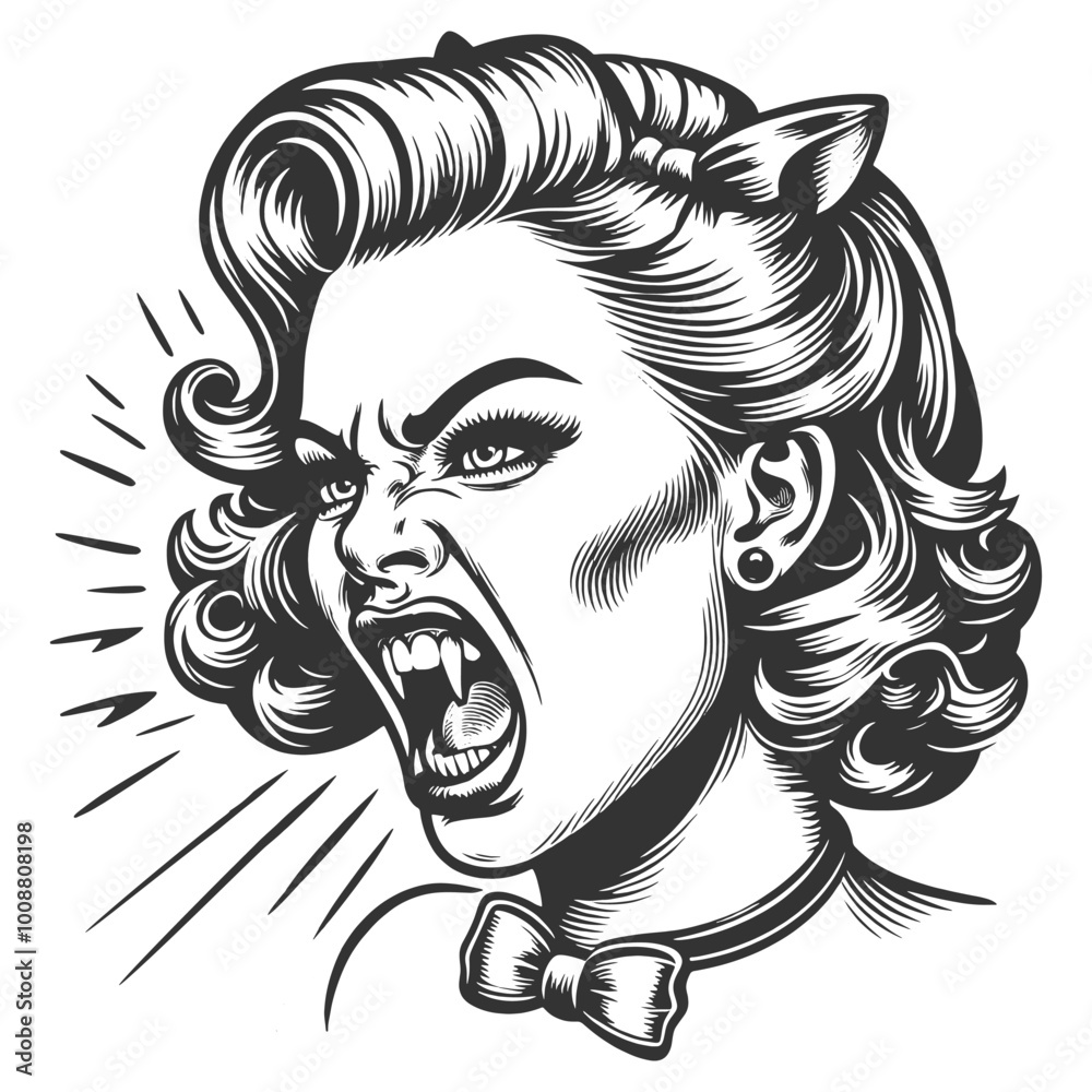 vampire woman screaming, sharp fangs, vintage curls, and a retro 1950s ...