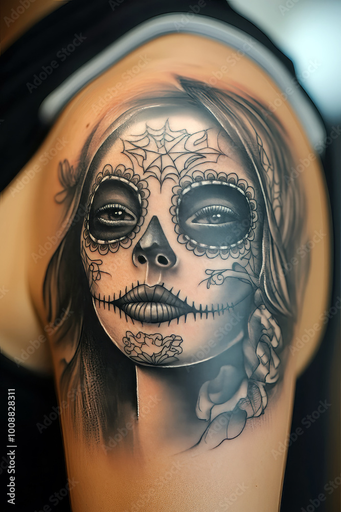 Chicano-style tattoo of a woman's face with sugar skull makeup, black ...