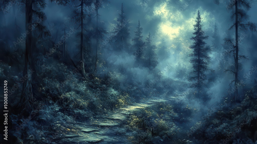 eerie forest scene enveloped in thick mist with shadowy pathways ...