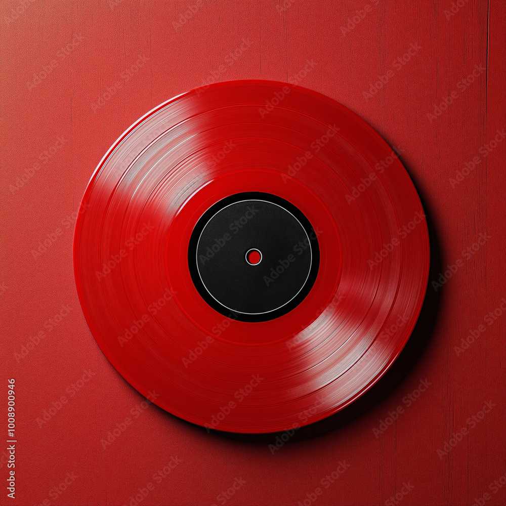 red vinyl record displayed against a matching red background. The ...