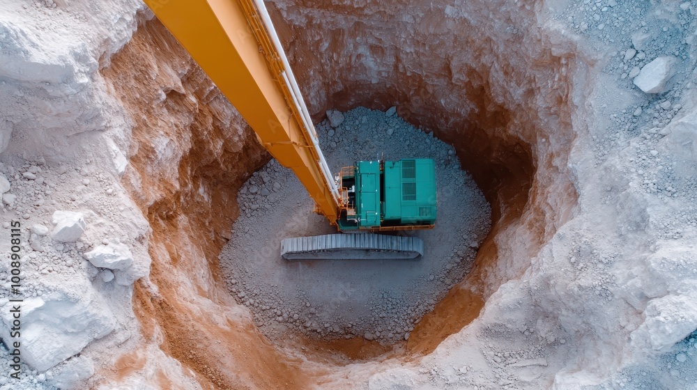 An aerial view of an excavator working in a circular quarry. It ...
