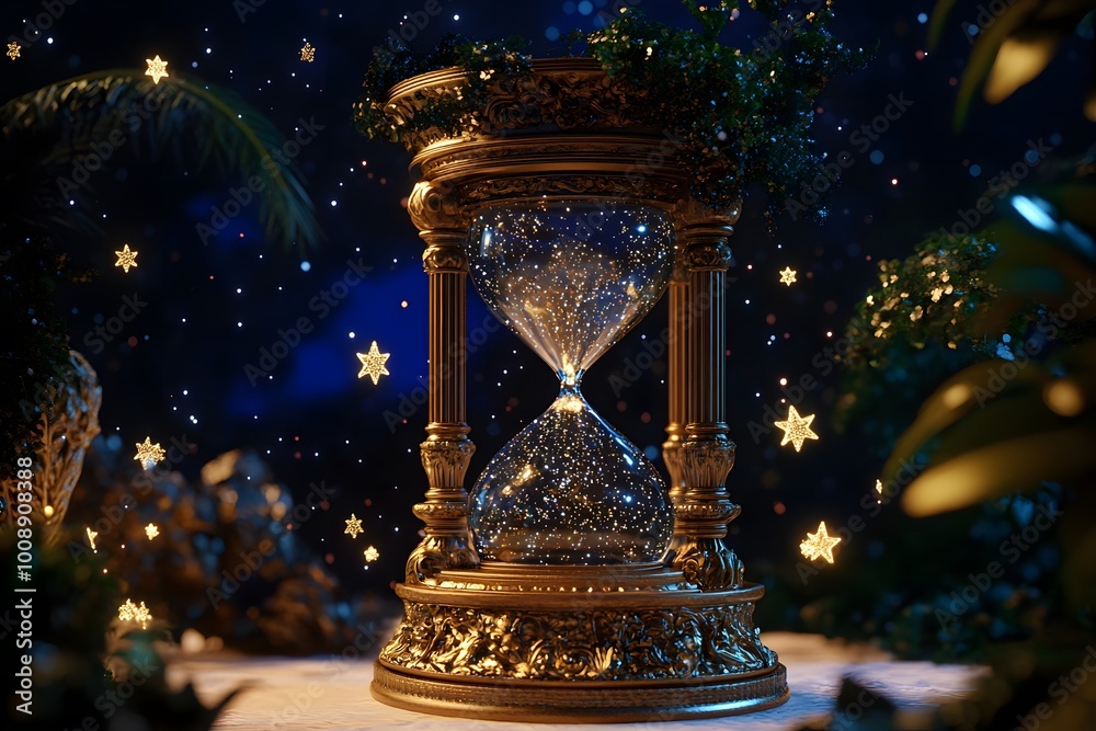 Elegant hourglass with decorative frame, starry night background Stock ...