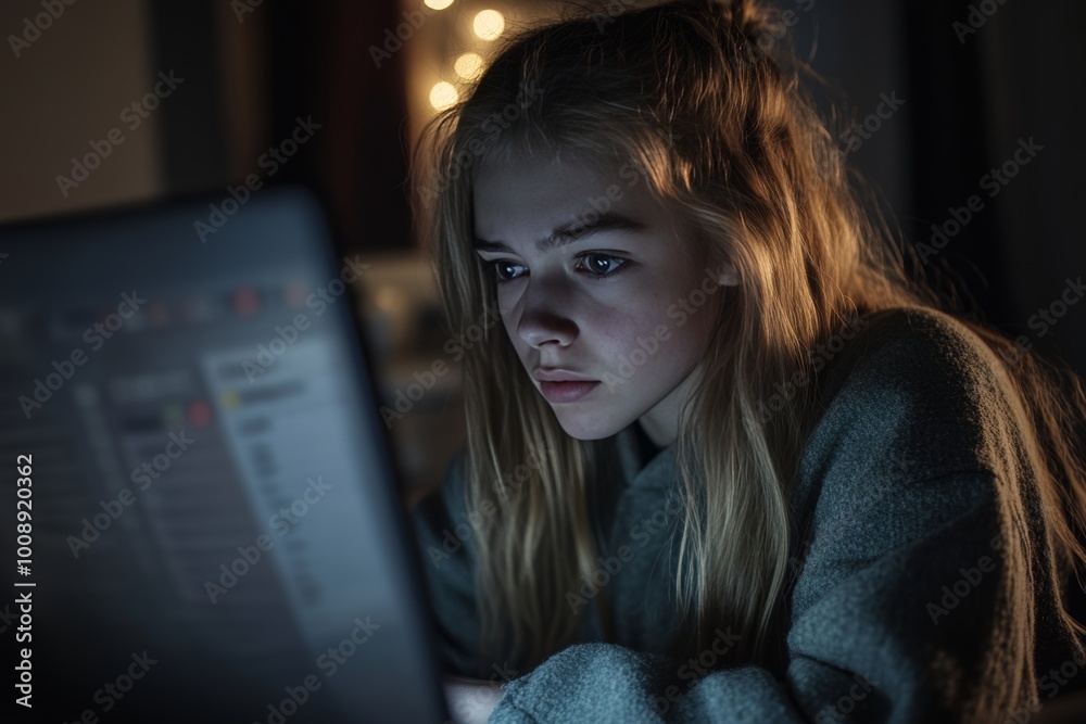 Distressed teenage girl reading hurtful messages on her laptop ...