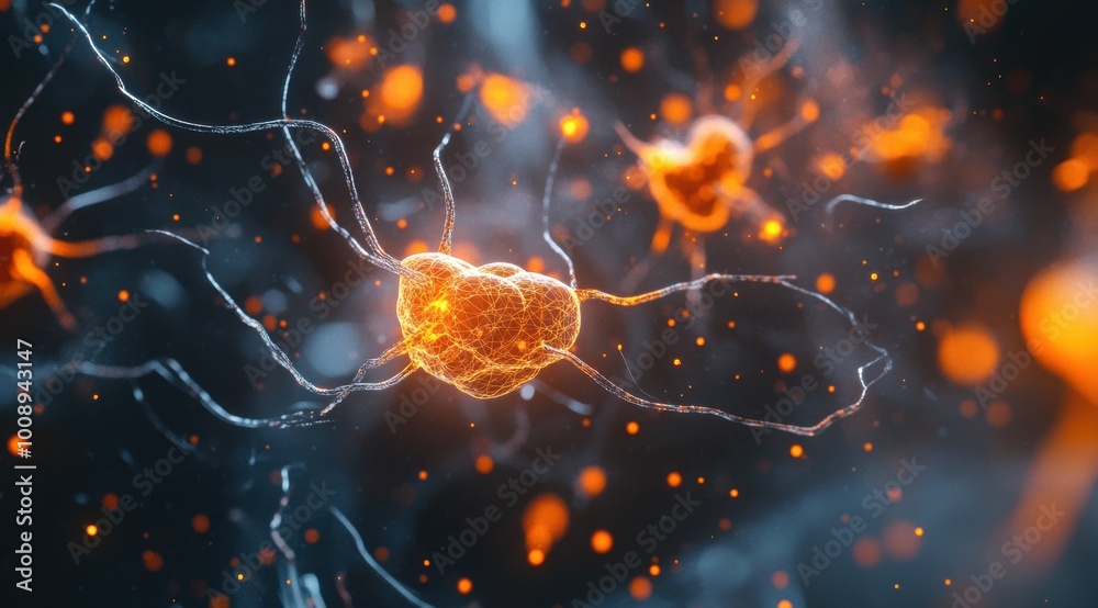 A close-up, realistic view of cells and axons in the brain, showing ...