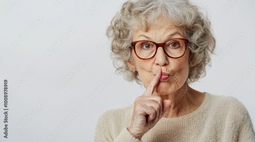 Old mature woman holding finger on lips mouth keep it quiet secret ...