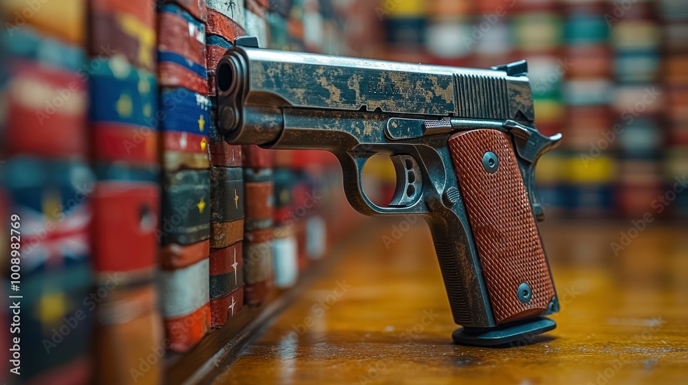 Distressed 1911 Pistol with Bookshelf Background Stock Illustration ...