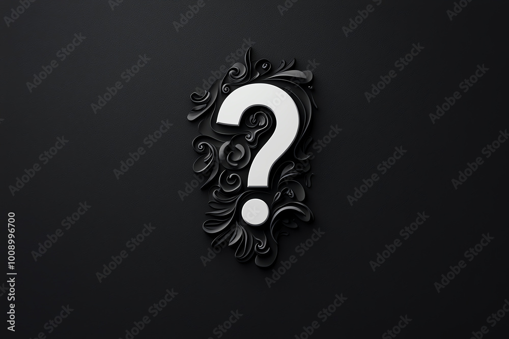 Minimalist question mark symbol in white, placed on a deep black ...