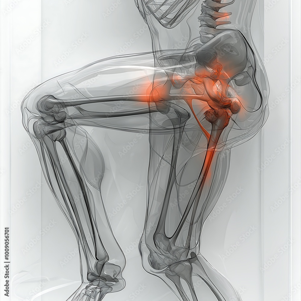 3D model of a human skeleton, close-up focus on the knee joint, muscles ...