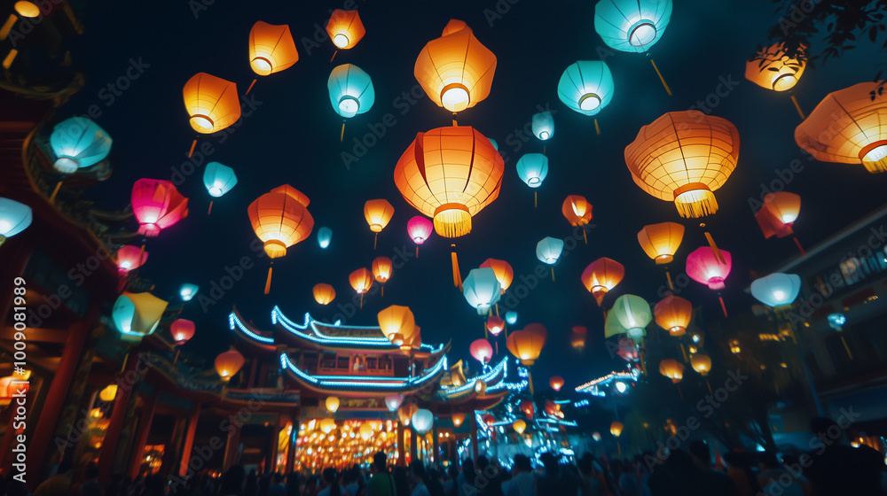Taiwan Lantern Festival at night, thousands of bright lanterns float ...