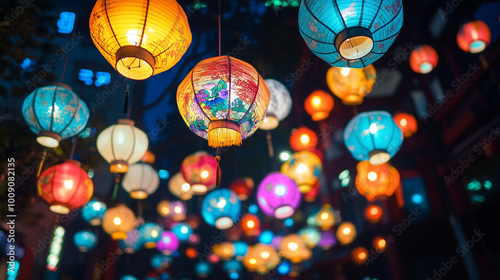 Taiwan Lantern Festival at night, thousands of bright lanterns float ...