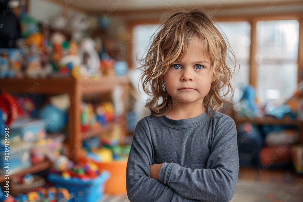 Young child boy with tousled hair stands defiantly with arms crossed in ...