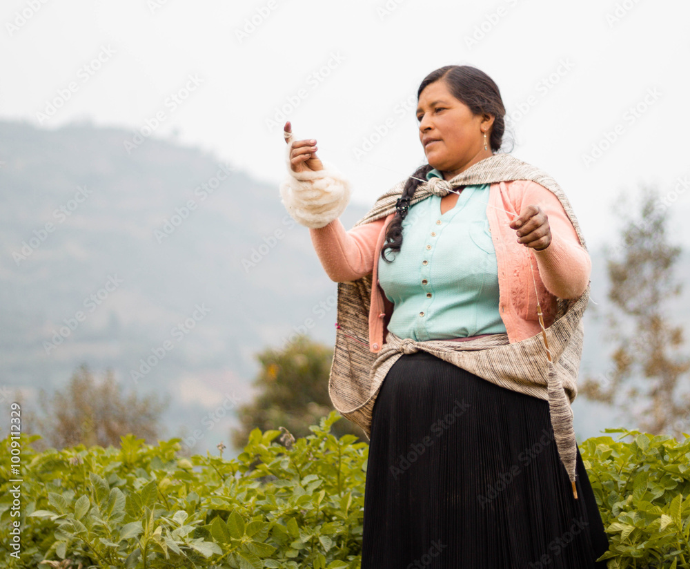 Mujer andina latinoamericana haciendo hilados de lana de oveja en el aire libre, Cultura, estilo ...