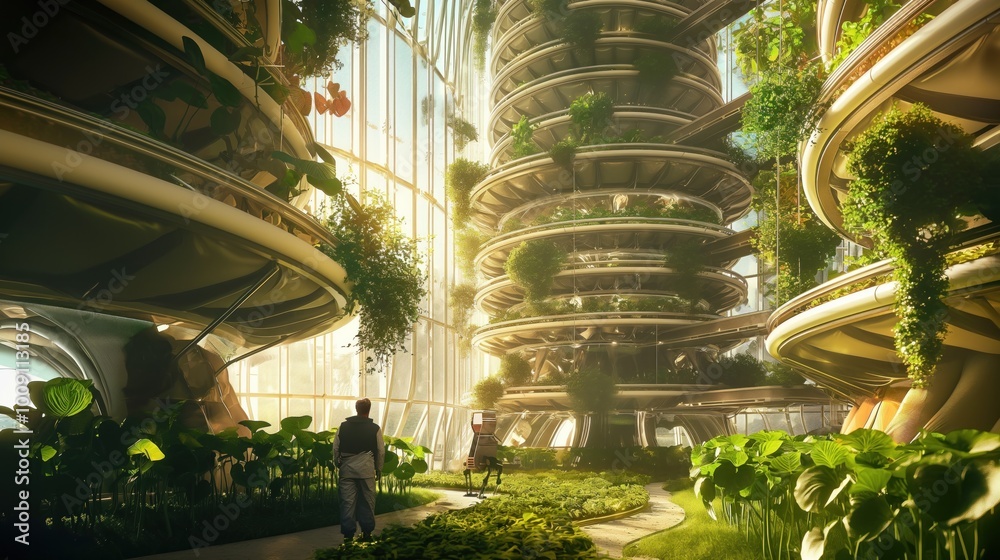 Vertical farm with thriving crops, artificial sunlight, automated ...